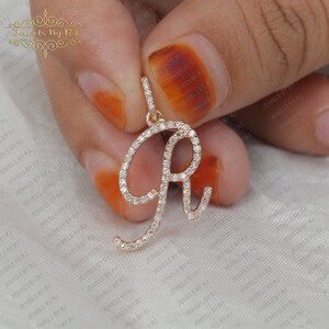 14K Solid Gold Diamond R Initial Pendant, White Diamond R Initial ...