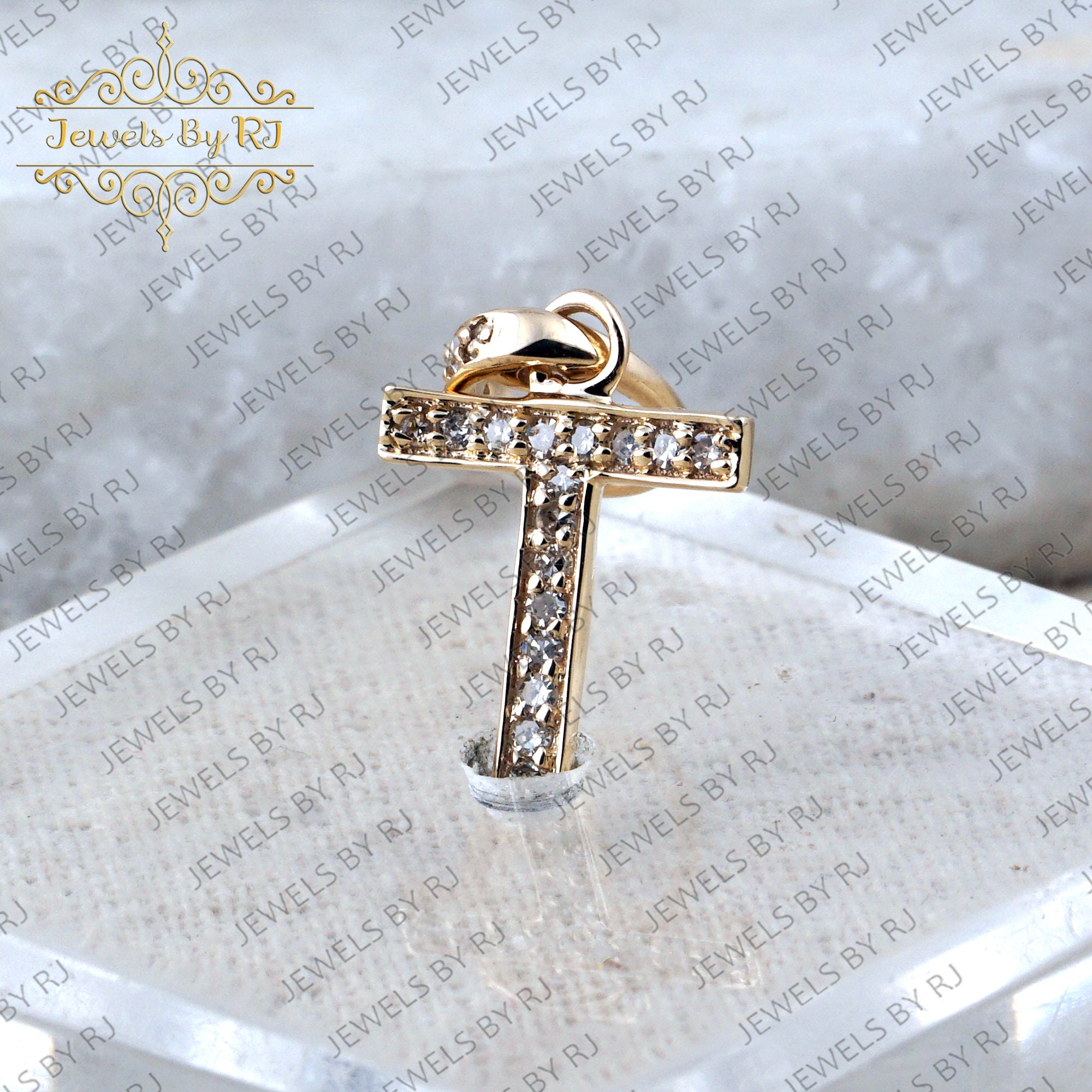 14k Solid Gold Diamond T Initial Pendant, Pave Diamond T Initial ...