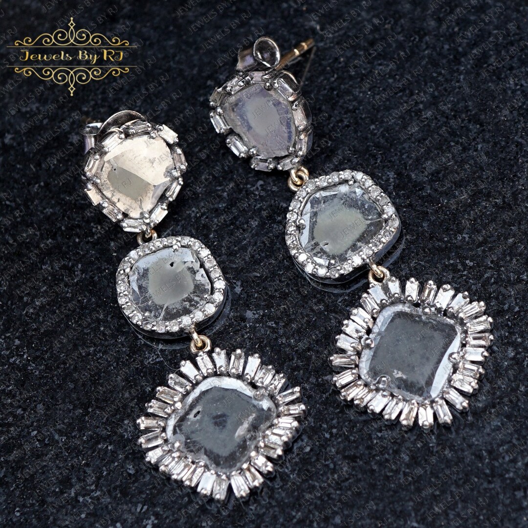 Polki Slice Diamant und Baguette Diamant Ohrringe 14k & 925 - Etsy.de