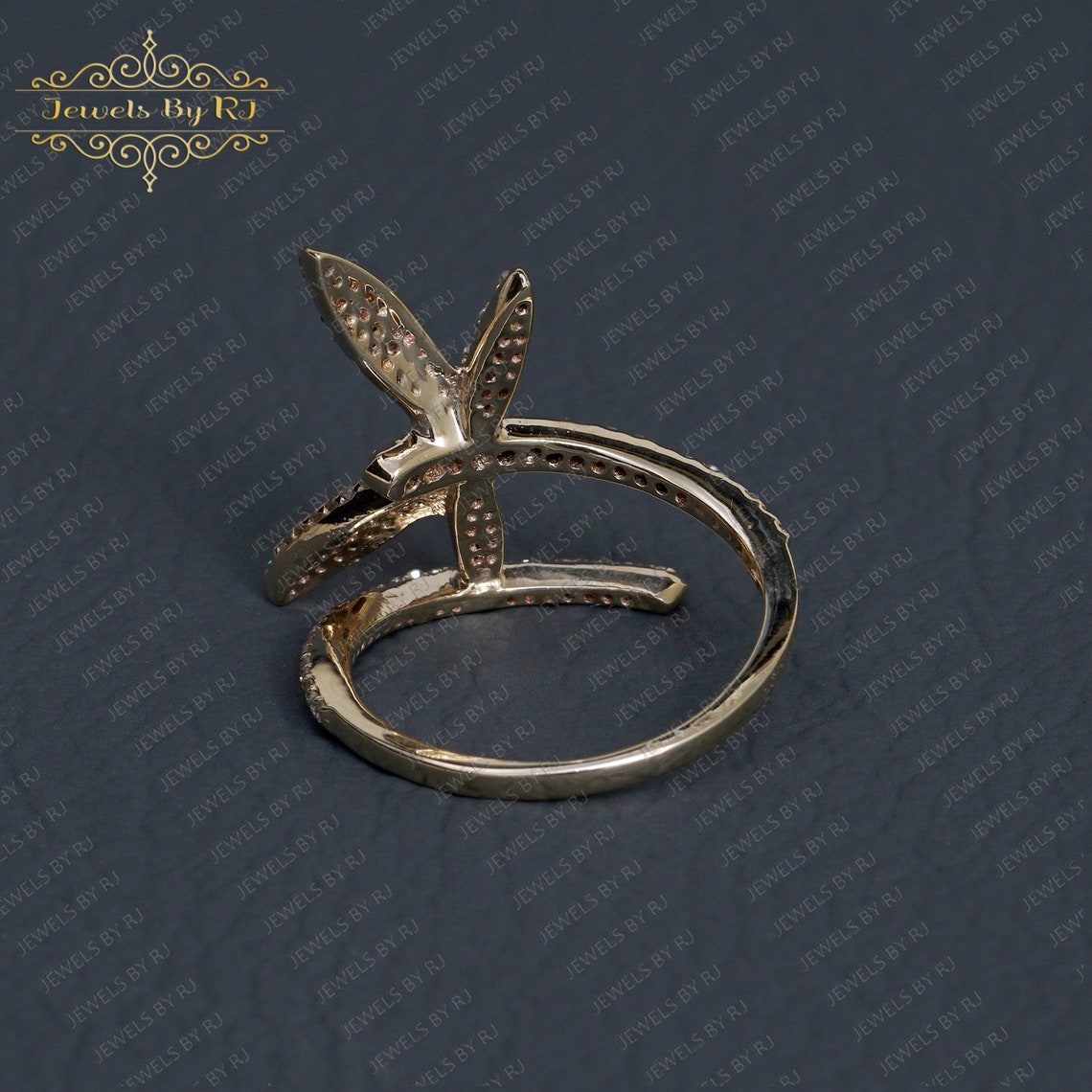 14k Solid Yellow Gold Diamond Dragonfly Ring, Gold Diamond Ring, Women ...