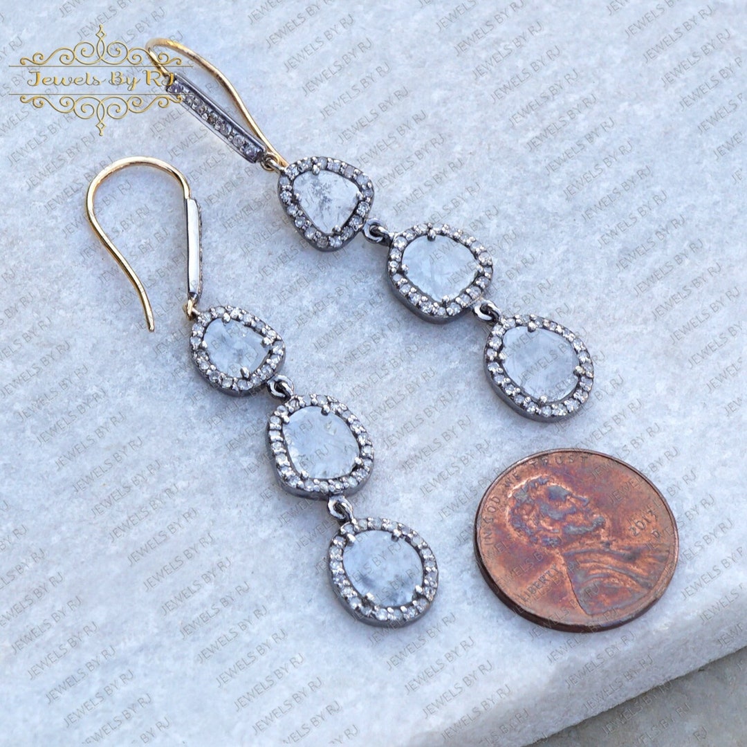 925 Silver & 14K Gold Slice Diamond Earrings, Pave Diamond Earring, Diamond Tear Drop Earring ...