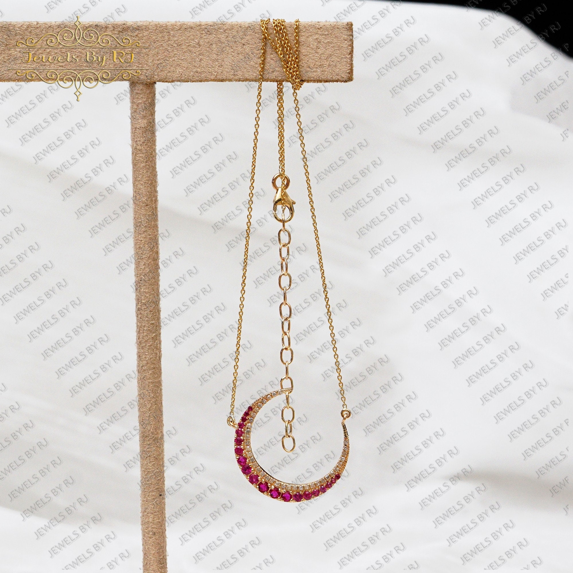 14K Solid Gold Diamond & Ruby and Emerald Crescent Moon - Etsy