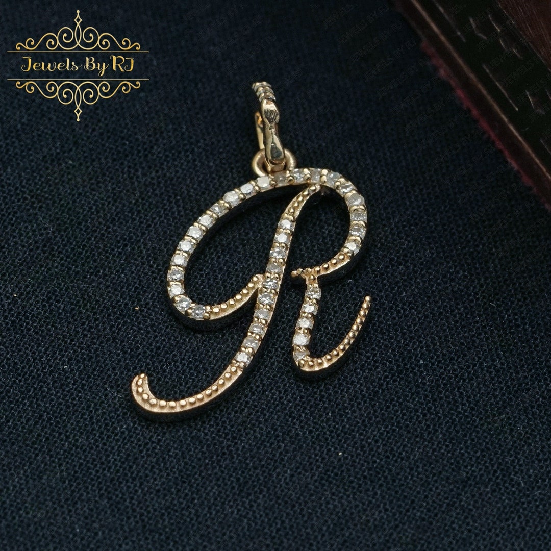 14K Yellow Gold Diamond Initial Pendant - Pave Diamond "r" - Etsy
