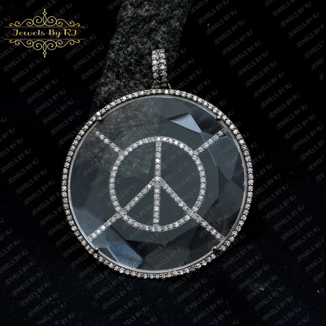 Silver Diamond Peace Symbol Pendant, Pave Diamond Peace Pendant, Silver ...