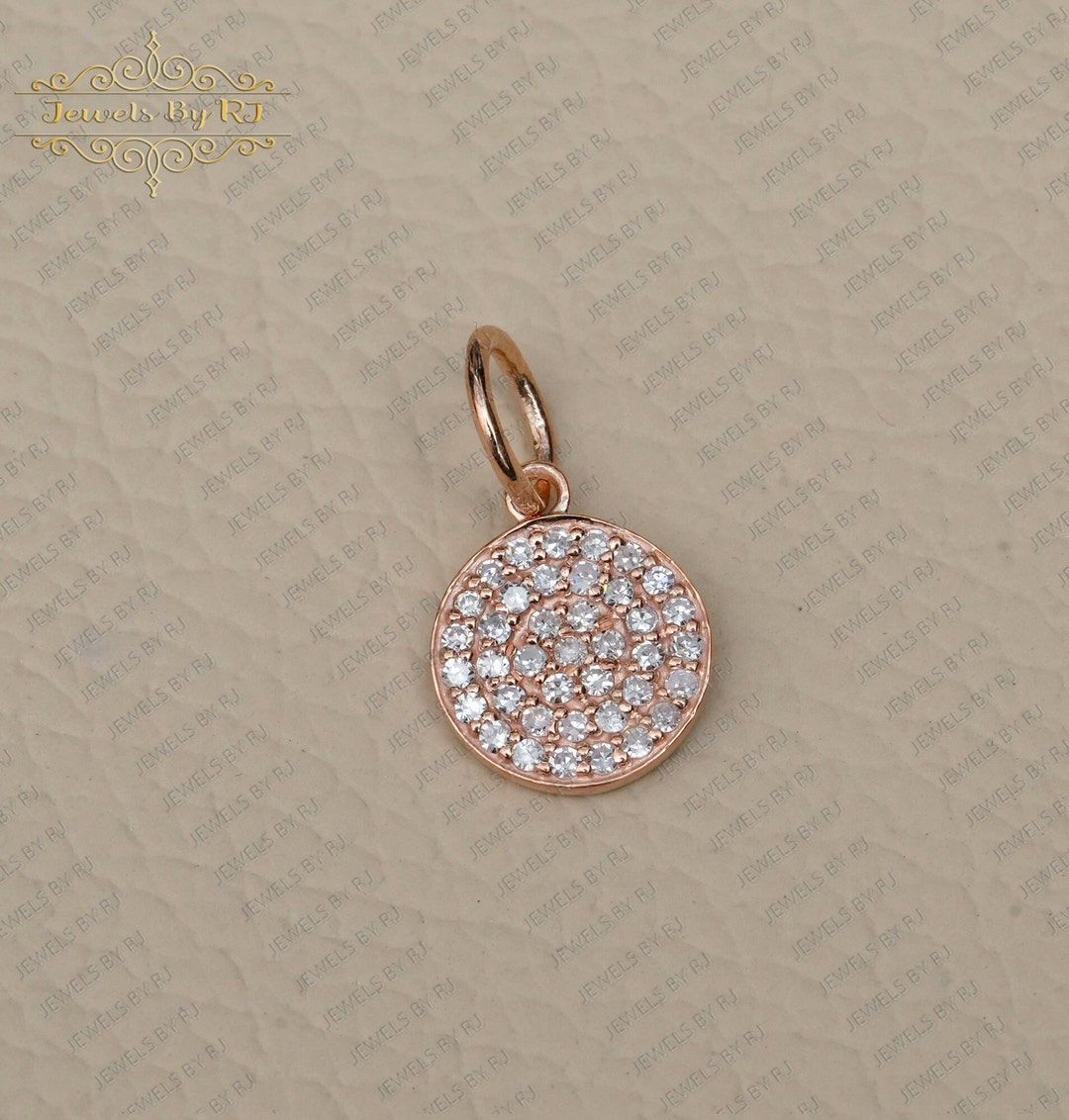 14K Solid Pave Diamond Disc Pendant, 14K Solid Rose Gold Diamond Disc ...