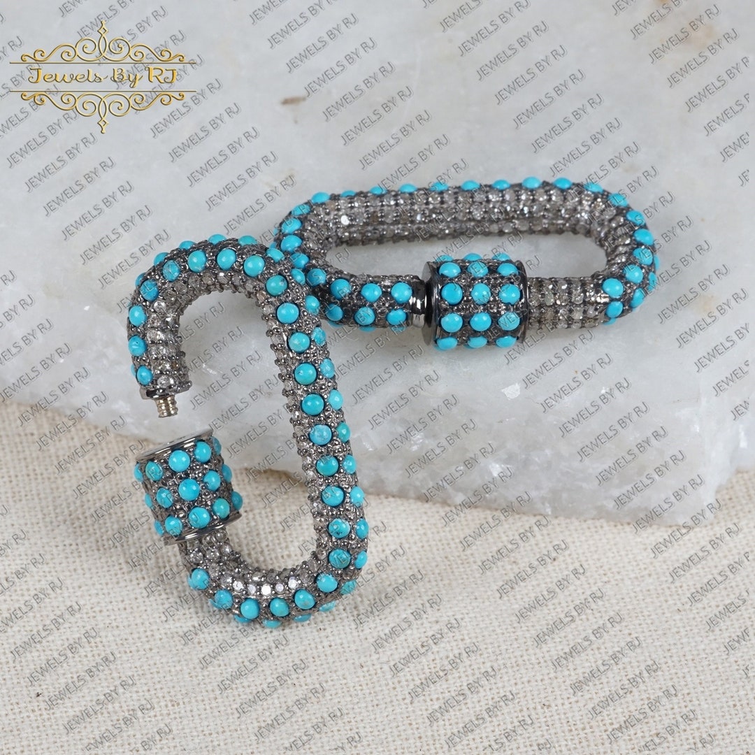 Pave Diamond Turquoise Silver Carbine Clasp, Gemstone Carbine Lock, 925 ...