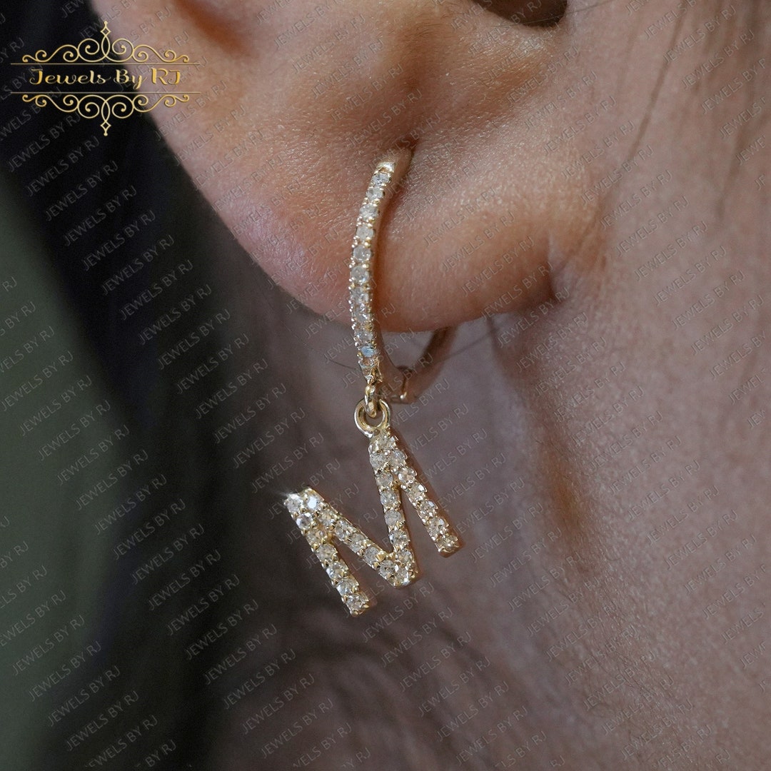 14K Solid Gold Pave Diamond Initial Earrings, Diamond M Initial Earring ...