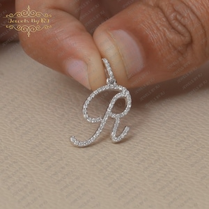 14K Solid Gold Diamond R Initial Pendant, White Diamond R Initial ...