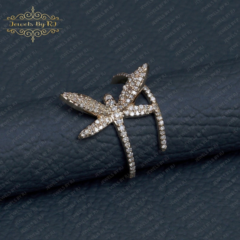 14k Solid Yellow Gold Diamond Dragonfly Ring, Gold Diamond Ring, Women ...