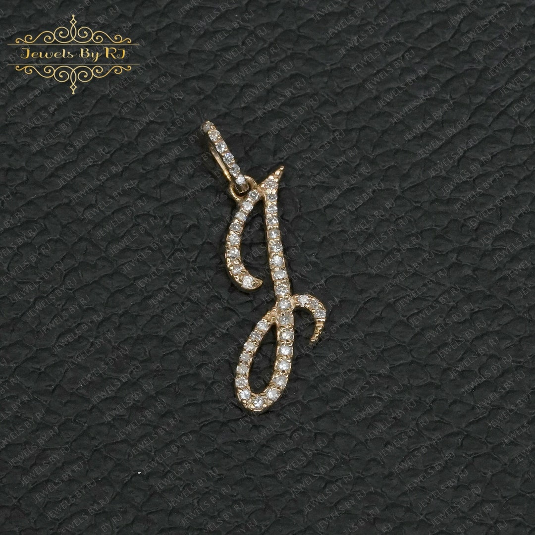 14K Solid Gold J Initial Pendant, Diamond J Initial Pendant, Yellow ...