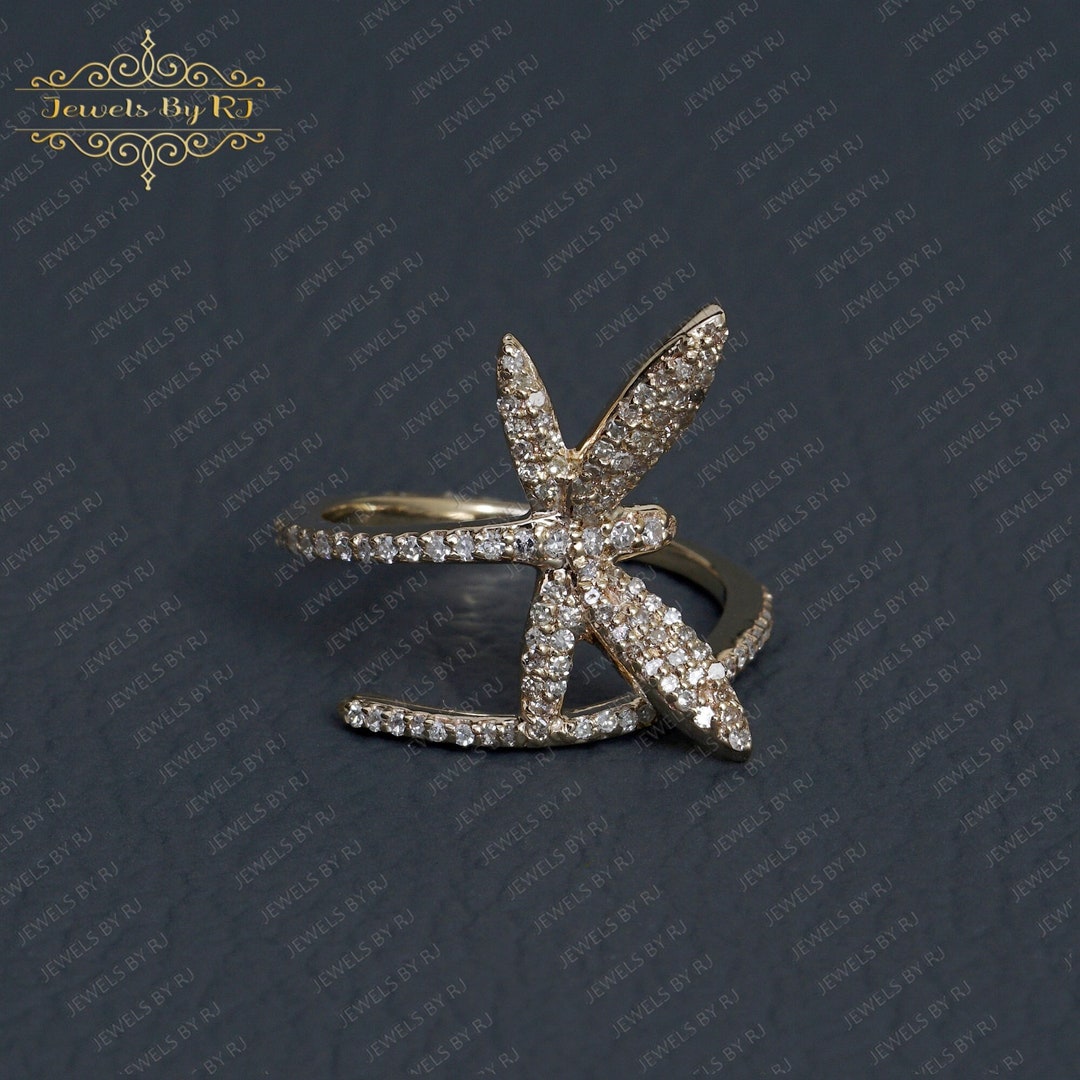 14k Solid Yellow Gold Diamond Dragonfly Ring, Gold Diamond Ring, Women ...