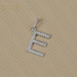 14K Solid White Gold Initial Pendant, White Diamond E Initial Pendant ...