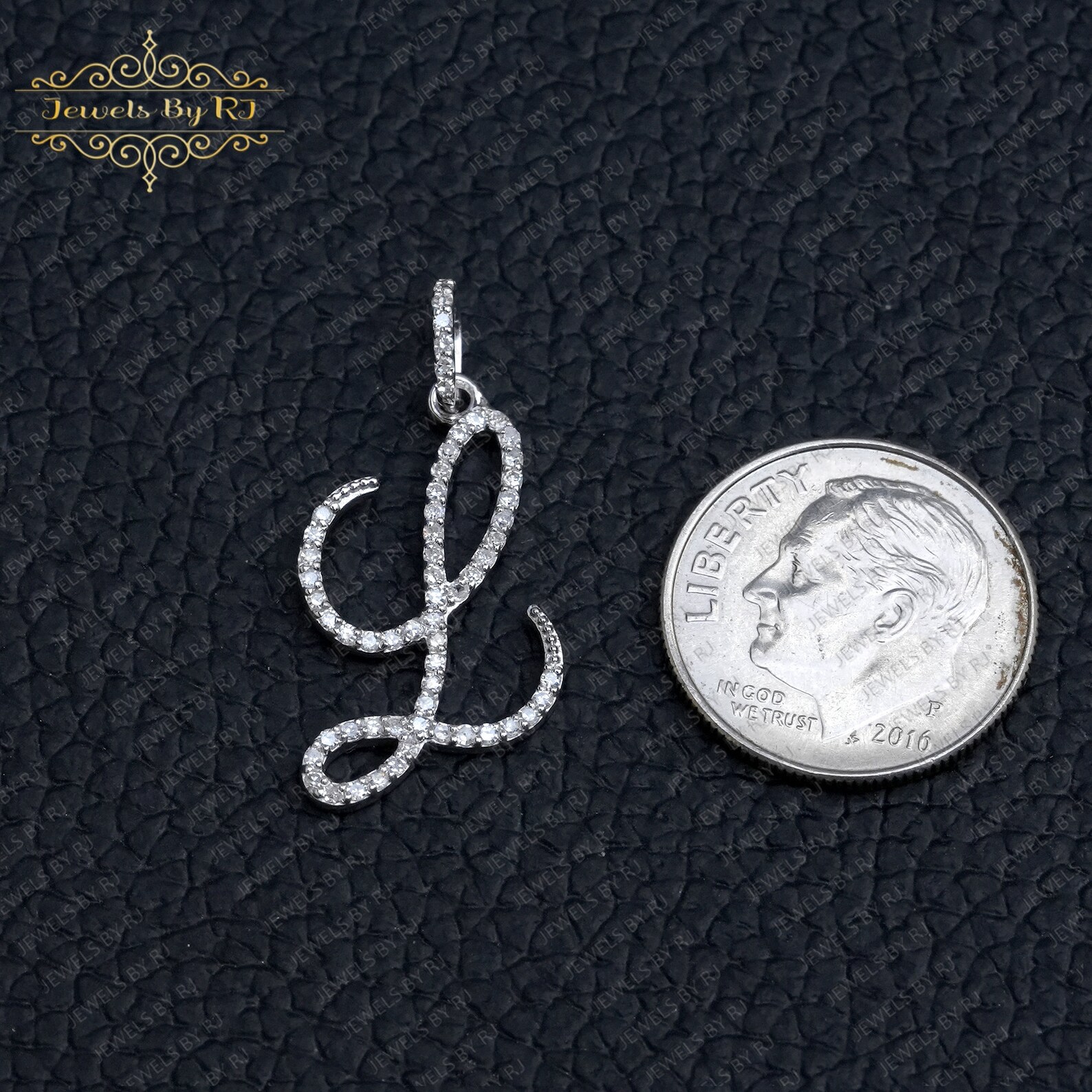 14K Solid White Gold Diamond Initials, Diamond Cursive "l" Initials ...