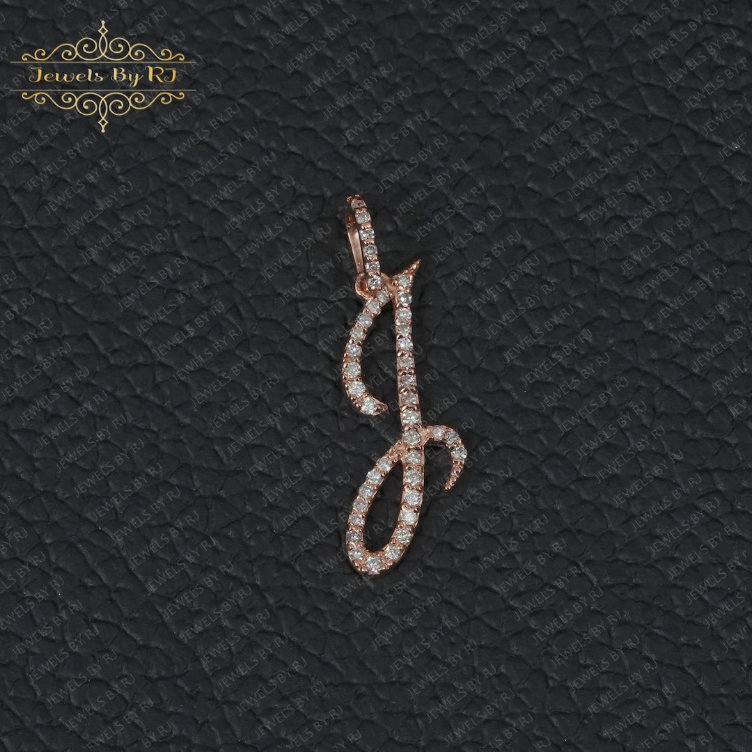 14K Solid Gold J Initial Pendant, White Diamond J Initial Pendant, Rose ...