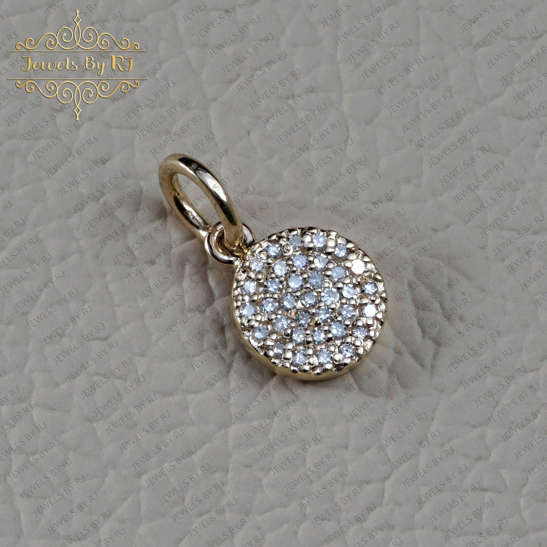 14K Solid Pave Diamond Disc Pendant, 14K Solid Gold Diamond Disc Charm ...