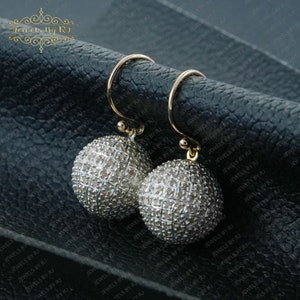 Pave Diamond Dangle Ball Earrings, 14K Gold & 925 Silver Dangle Ball ...