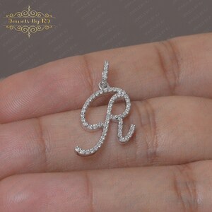 14K Solid Gold Diamond R Initial Pendant, White Diamond R Initial ...