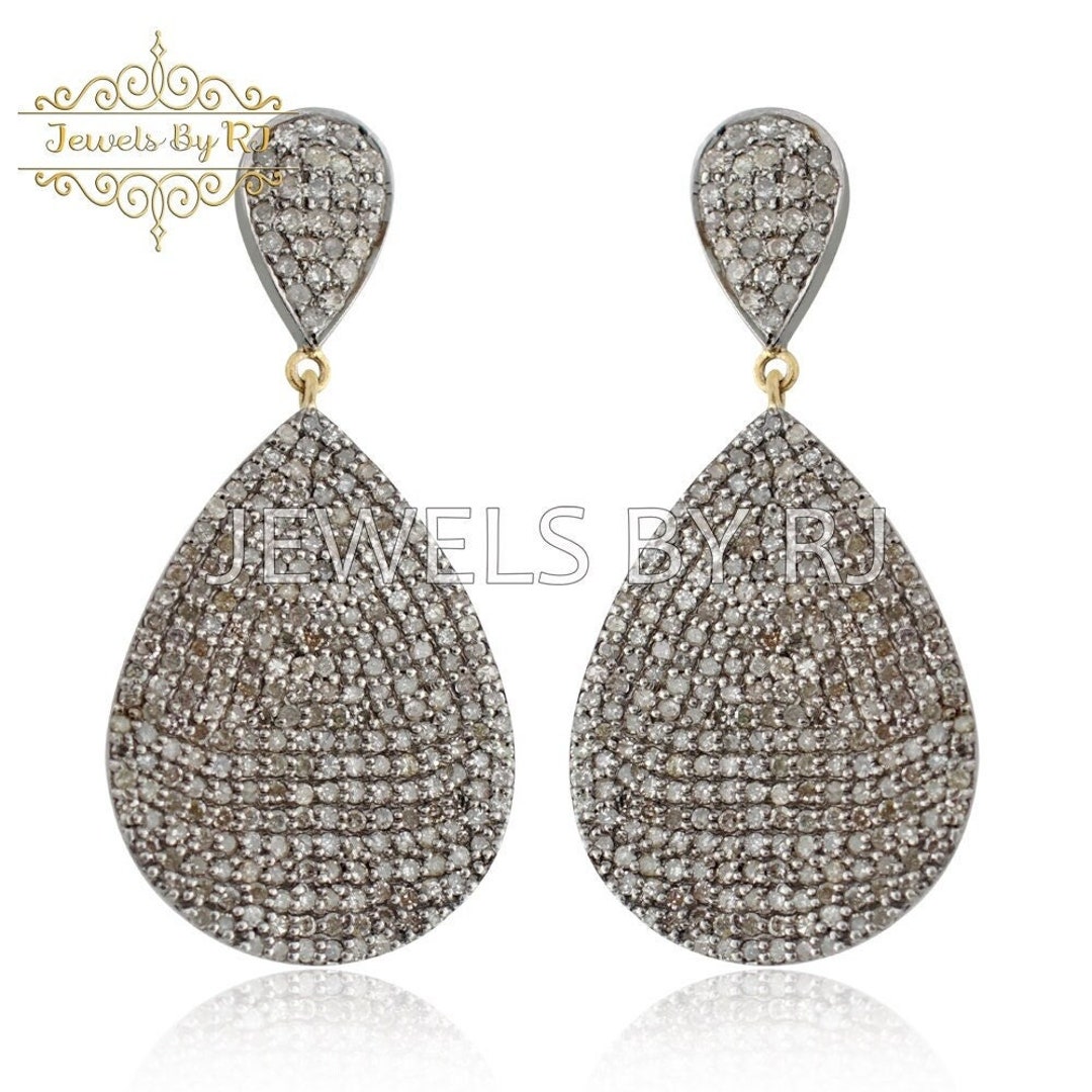 Pave Diamond Earrings, Pave Diamond Silver Tear Drop Earrings, 925 ...