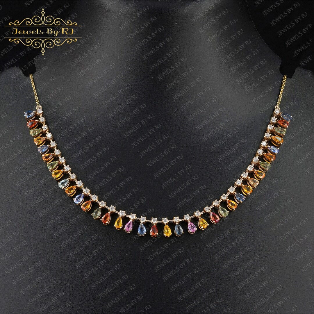 14K Solid Gold Diamond & Multi Sapphire Necklace, Multi Color Stone ...