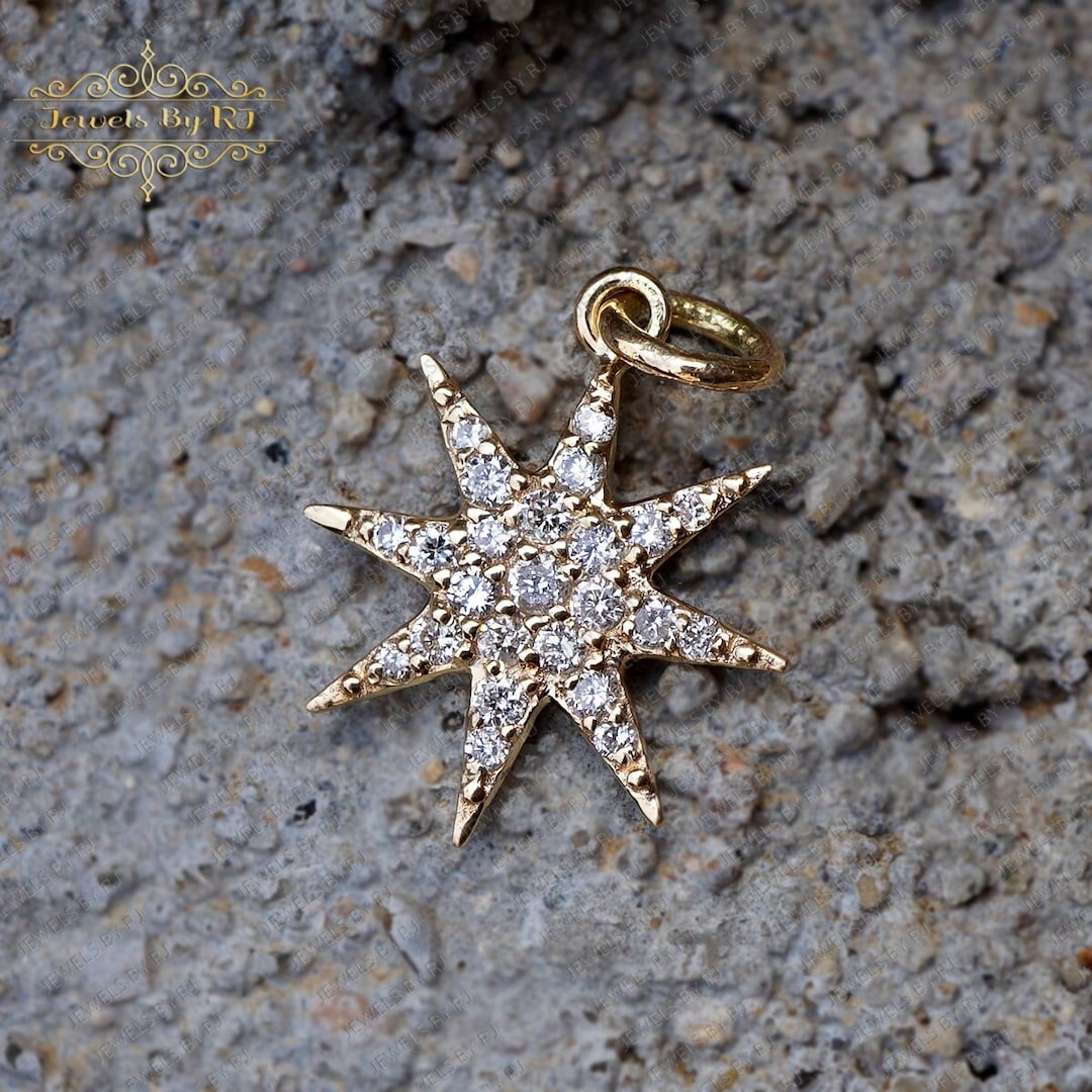 14K Gold White Diamond Pendant, 14K Solid Gold Star Pendant, Pave ...