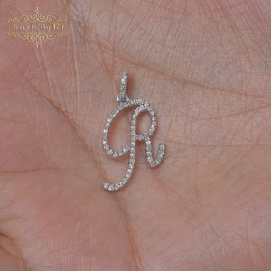 14K Solid Gold Diamond R Initial Pendant, White Diamond R Initial ...