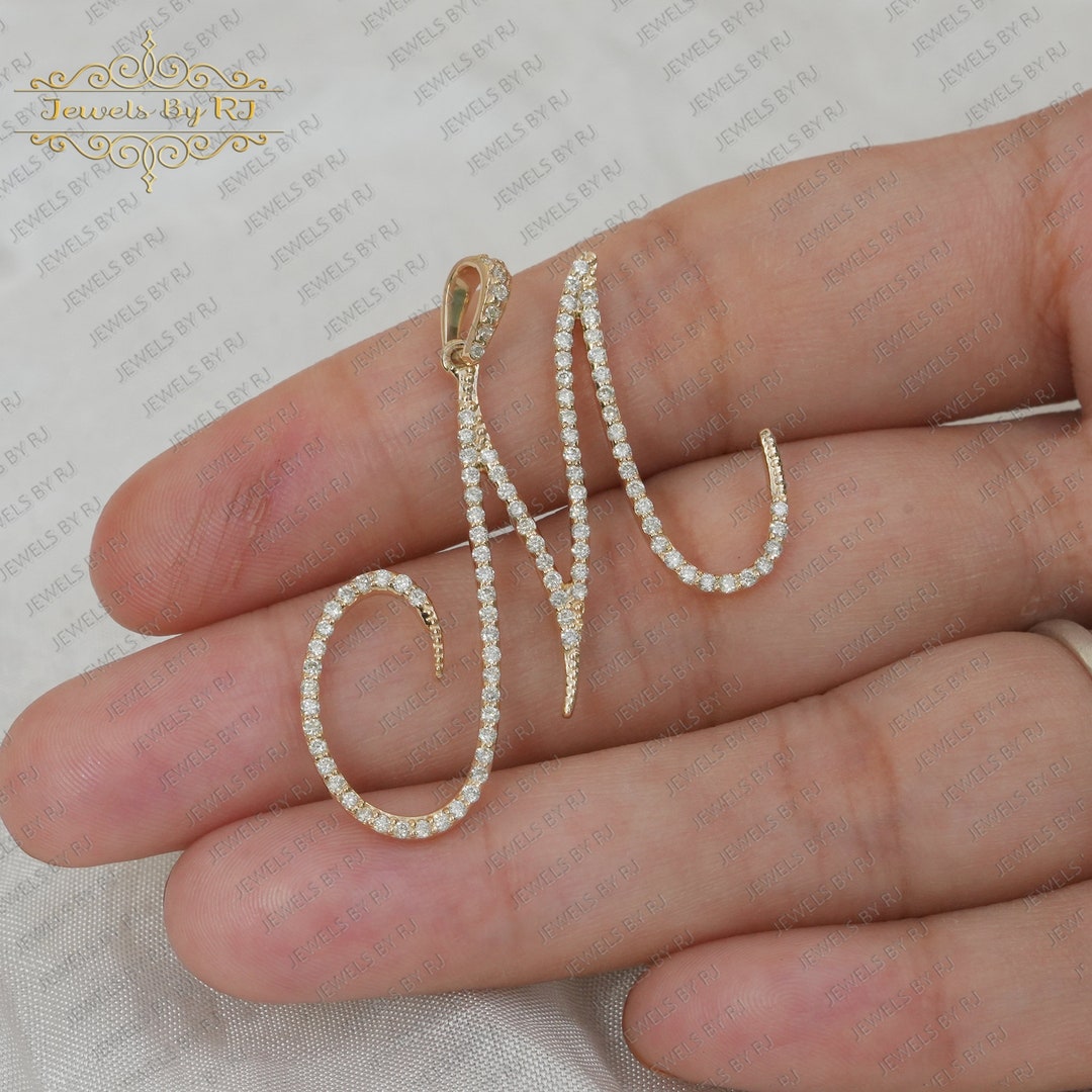 Gold M Diamond Initial Pendant, 32x25mm 14K Solid Gold M Initial ...