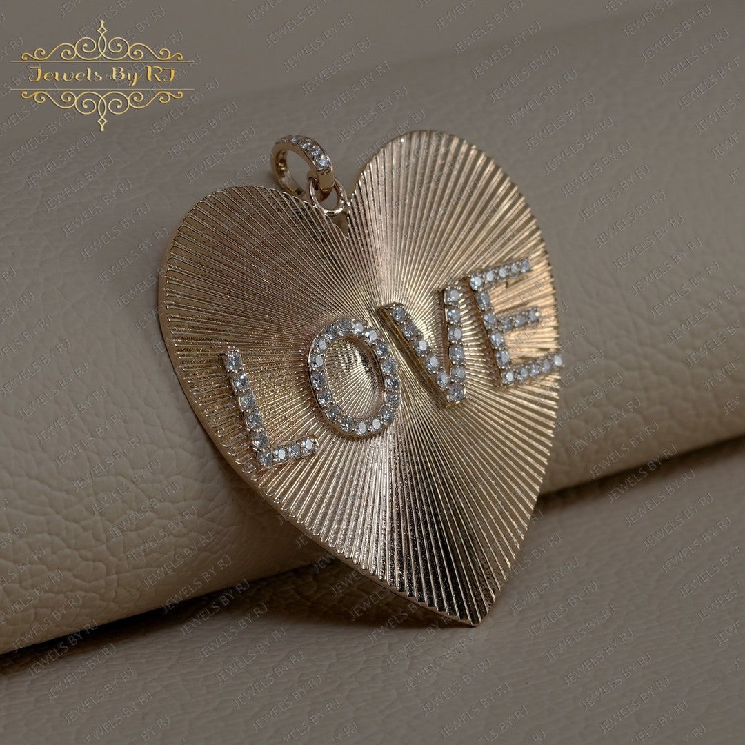 14K Solid Yellow Gold Diamond Heart Pendant, Pave Diamond Love Heart ...