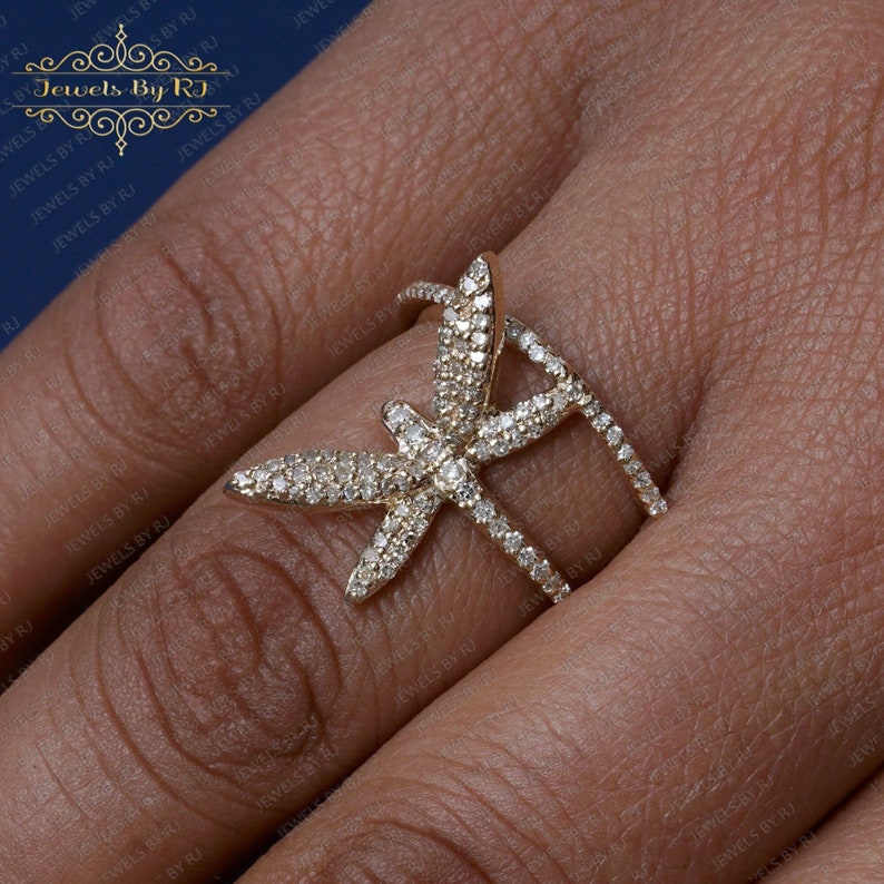 14k Solid Yellow Gold Diamond Dragonfly Ring, Gold Diamond Ring, Women ...