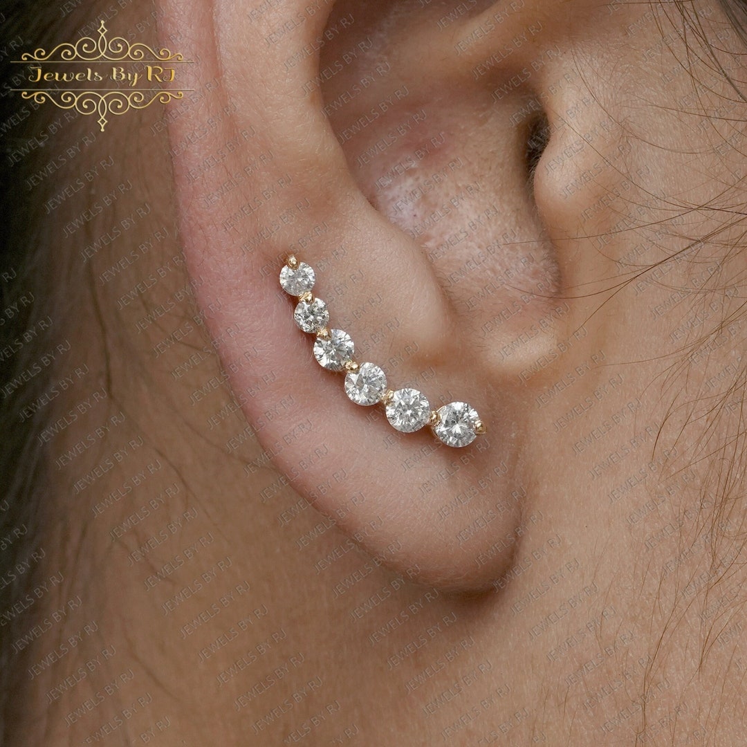 Double Cut White Diamond Ear Cuff, 14K Solid Yellow Gold Diamond Ear ...