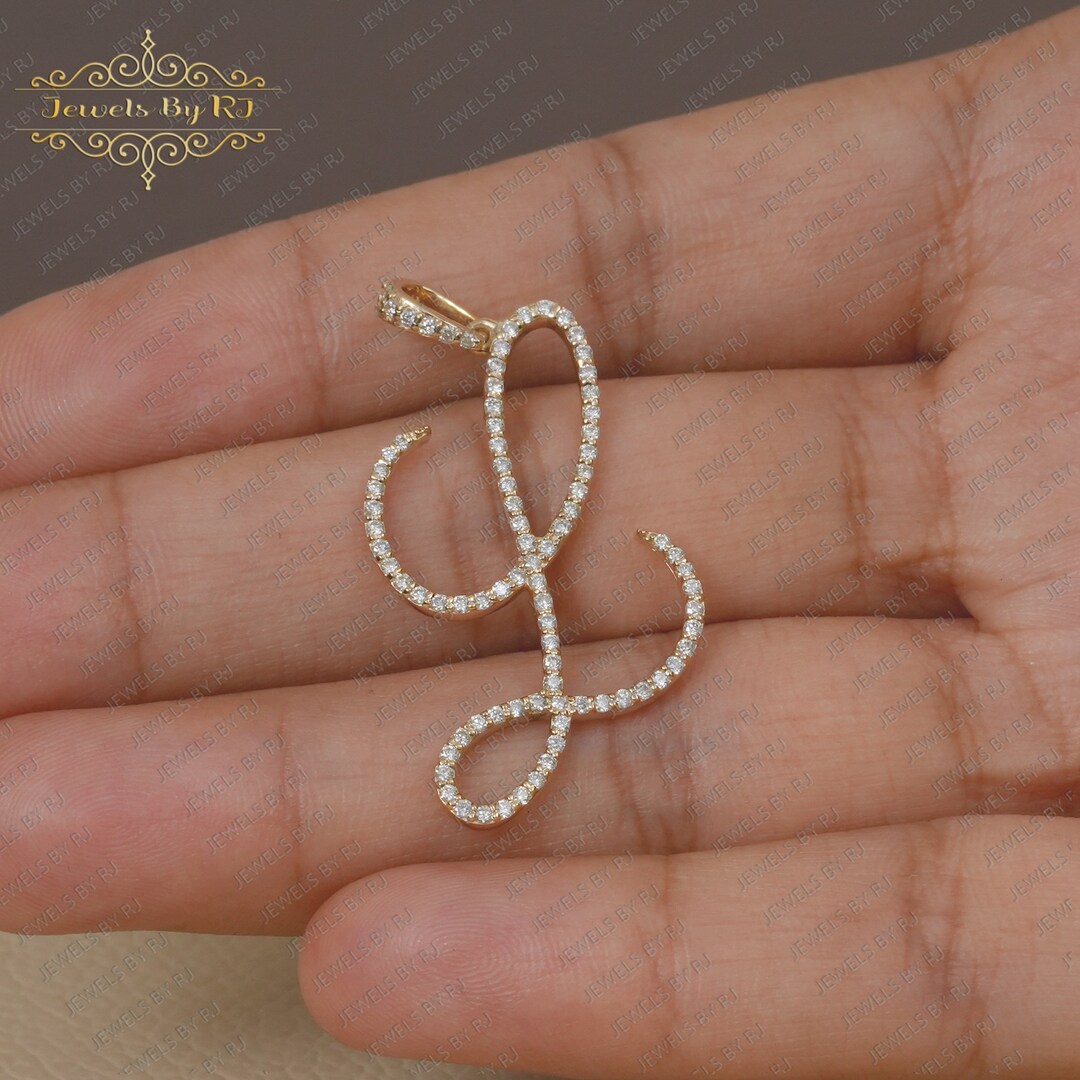 14K Gold Diamond Initials, White Gold Diamond Initials, Diamond Cursive ...