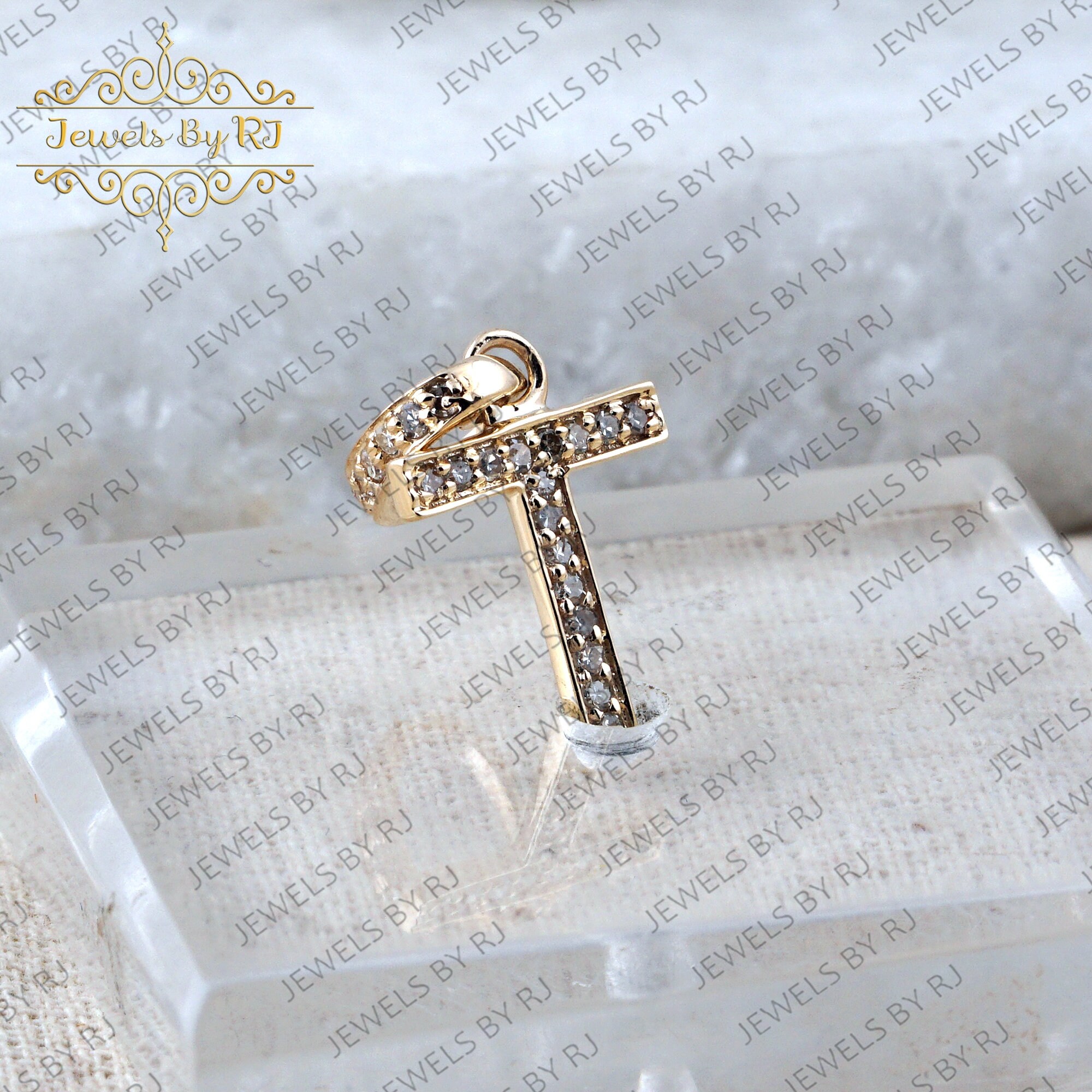 14k Solid Gold Diamond T Initial Pendant, Pave Diamond T Initial ...