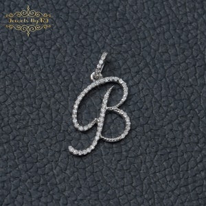 14K Solid Gold White Diamond B Initial, Pave Diamond Gold Pendant ...