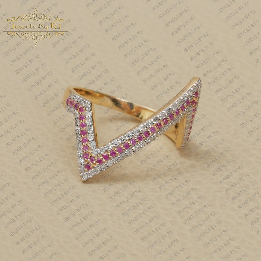 14K Gold Diamond & Ruby Thunder Ring, Gold Flash Ring, Lightning Bolt ...