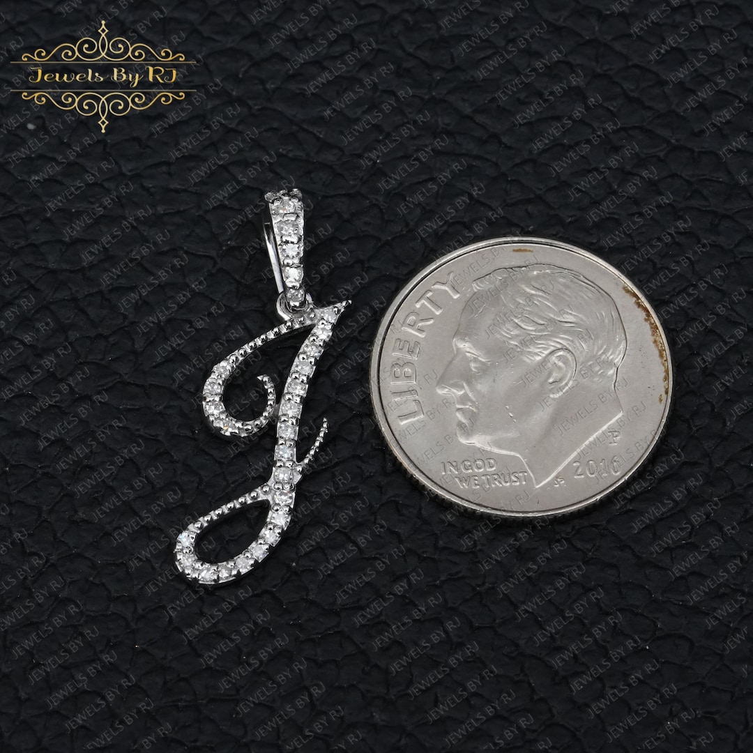 14K Solid Gold J Initial Pendant, Diamond J Initial Pendant, White Gold ...