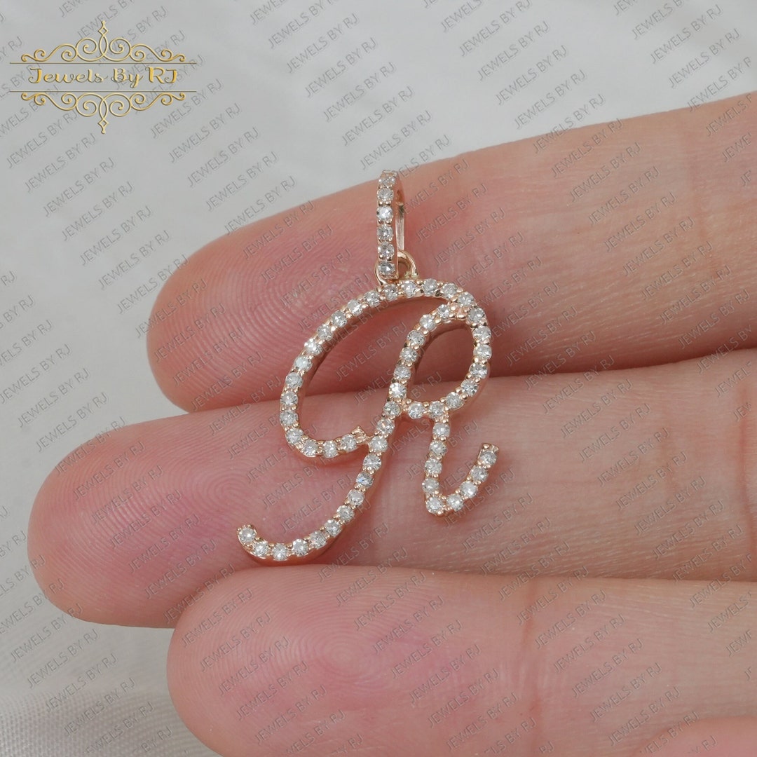 14K Solid Gold Diamond R Initial Pendant, White Diamond R Initial ...