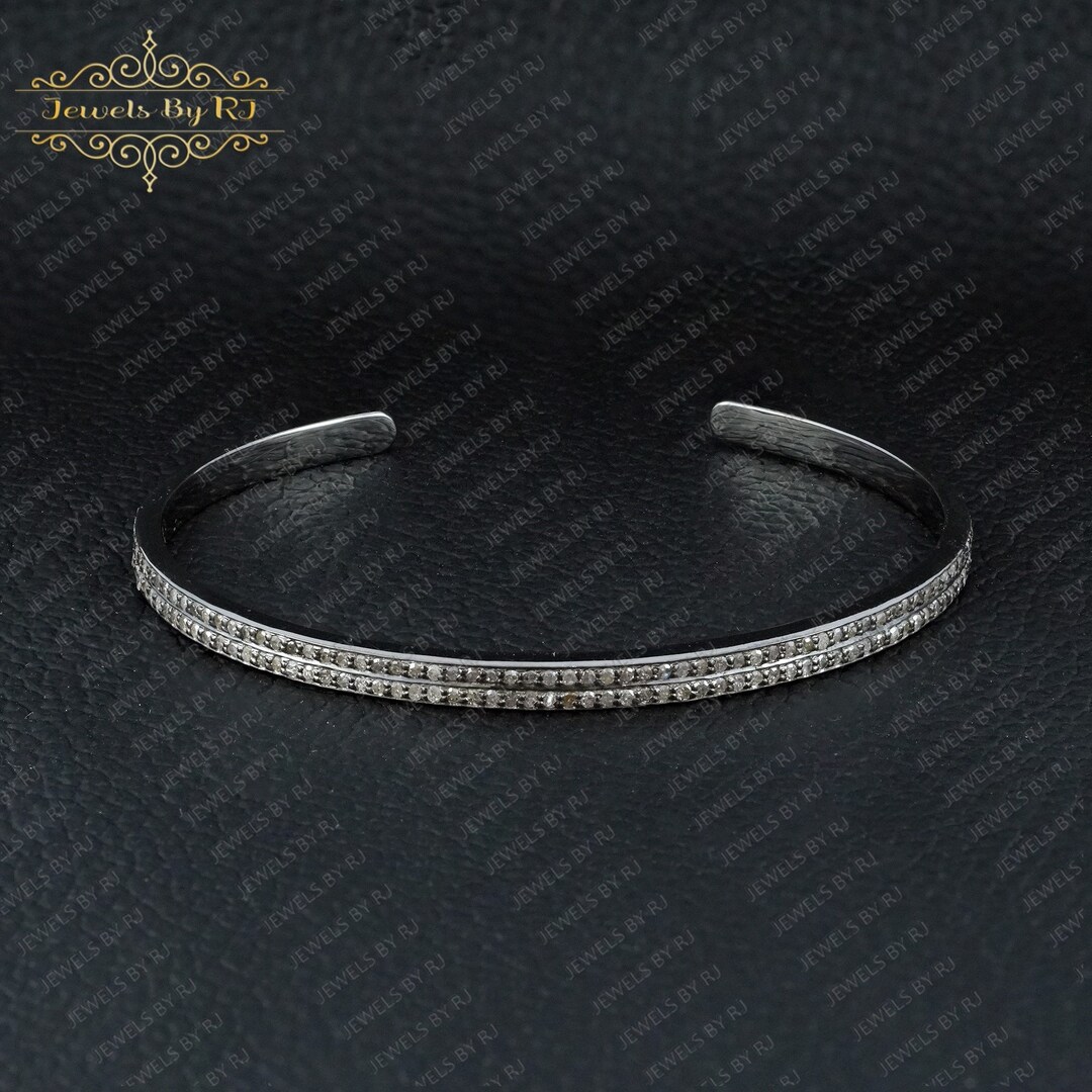 Pave Diamond Cuff Bangle, Double Line Diamond Cuff Bangle, 925 Silver ...