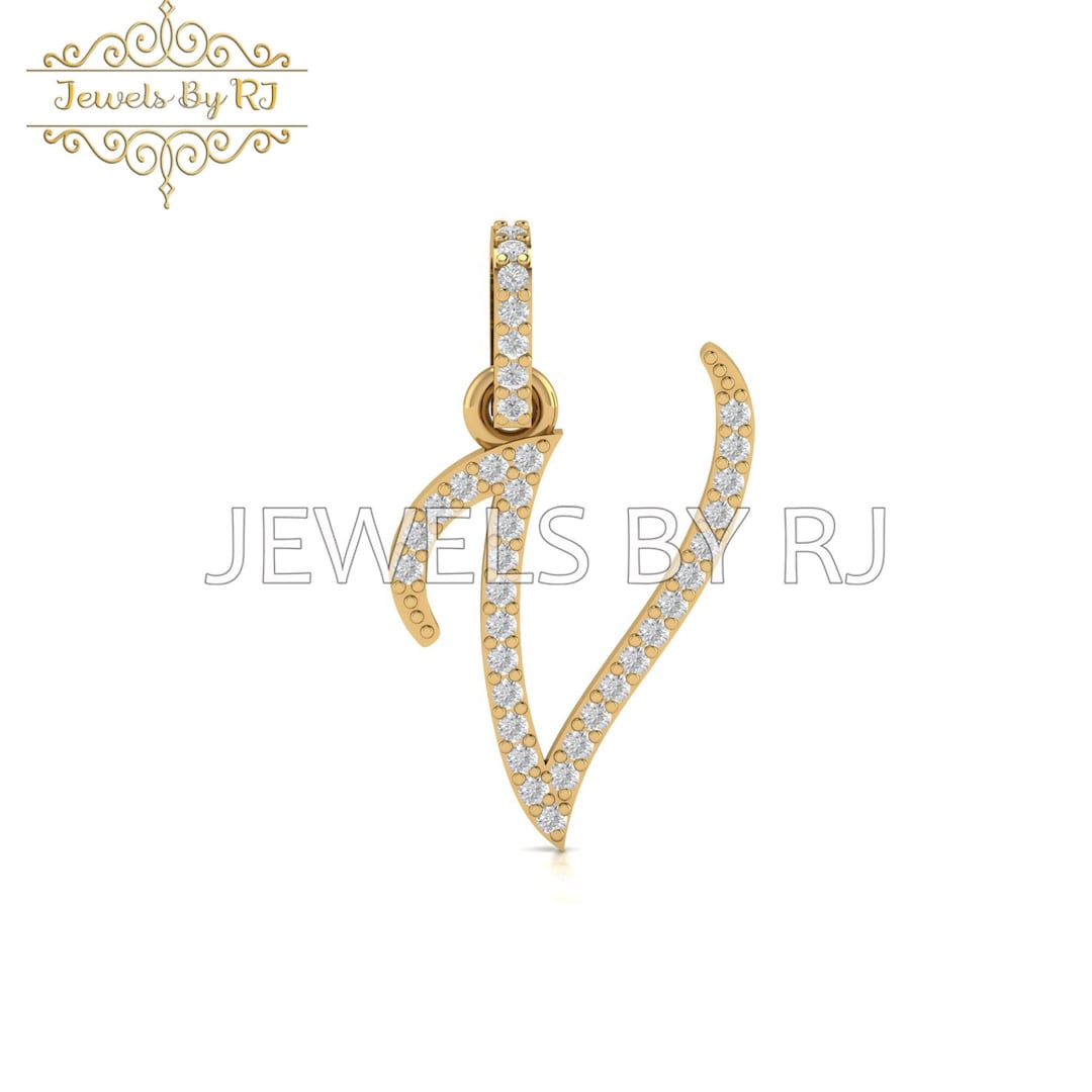 Pave Diamond Initial Pendant 14K Solid Gold V Initial - Etsy