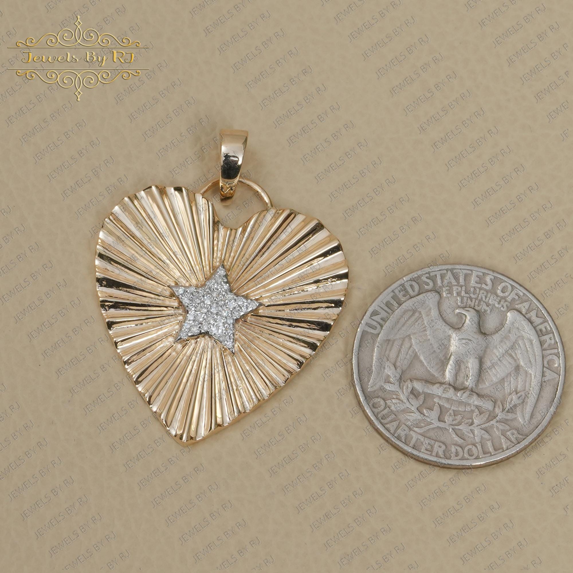 14K Solid Gold Radiant Heart Pendant With Diamond Star | Sunburst Heart ...