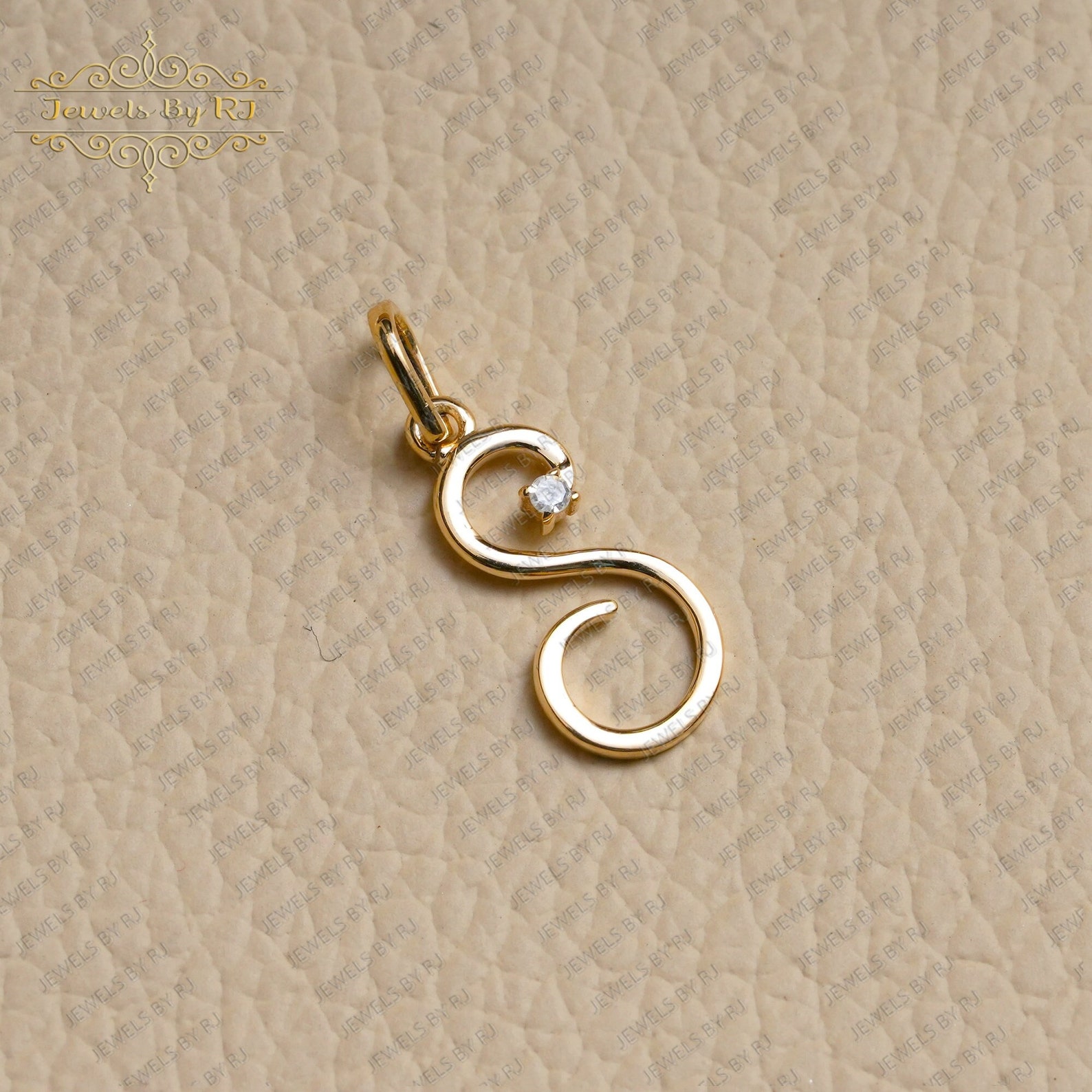 14K Solid Gold S Initial Pendant, Single White Diamond Pendant, Pave ...