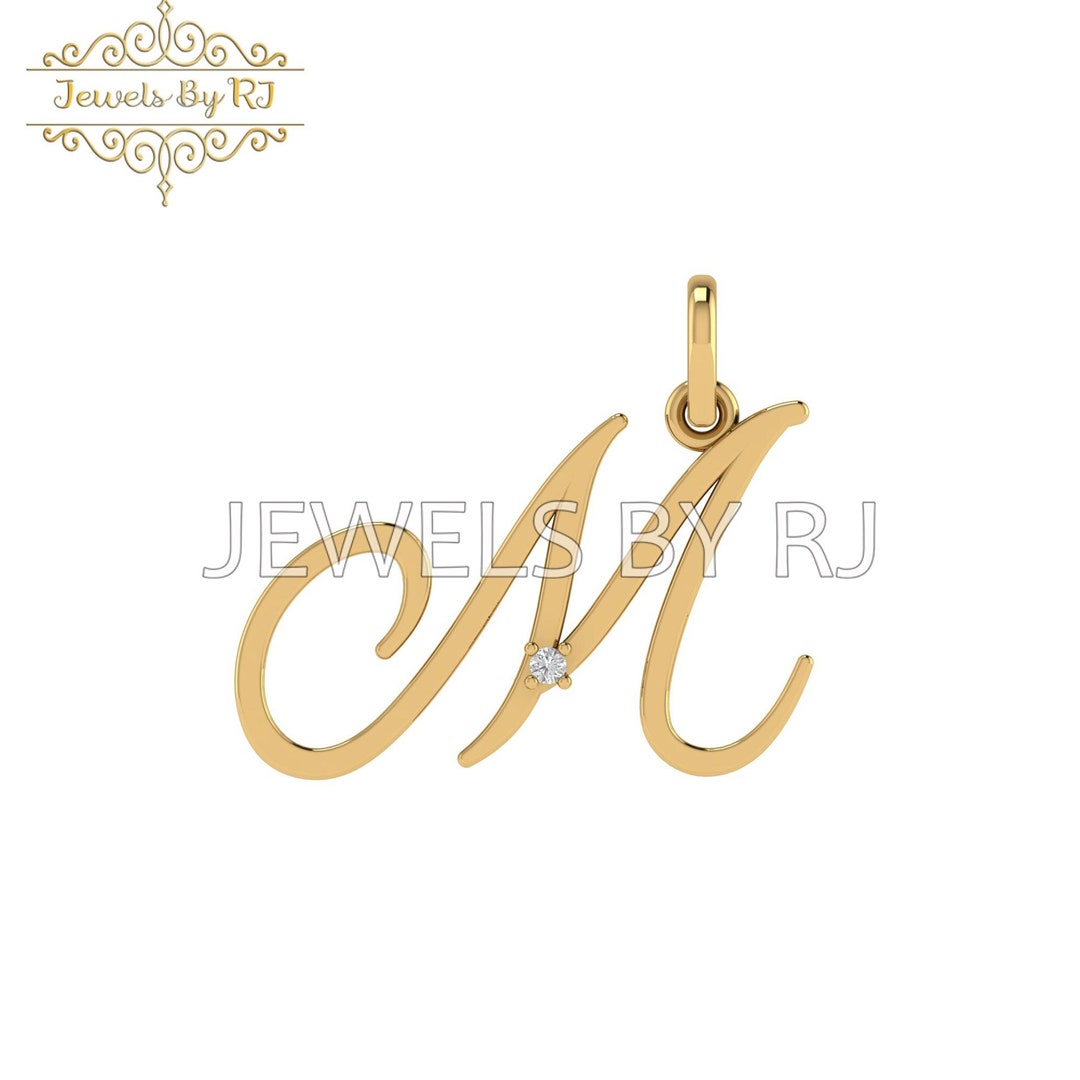 14K Solid Gold M Initial Pendant, 14K Yellow Gold Initial White Diamond ...