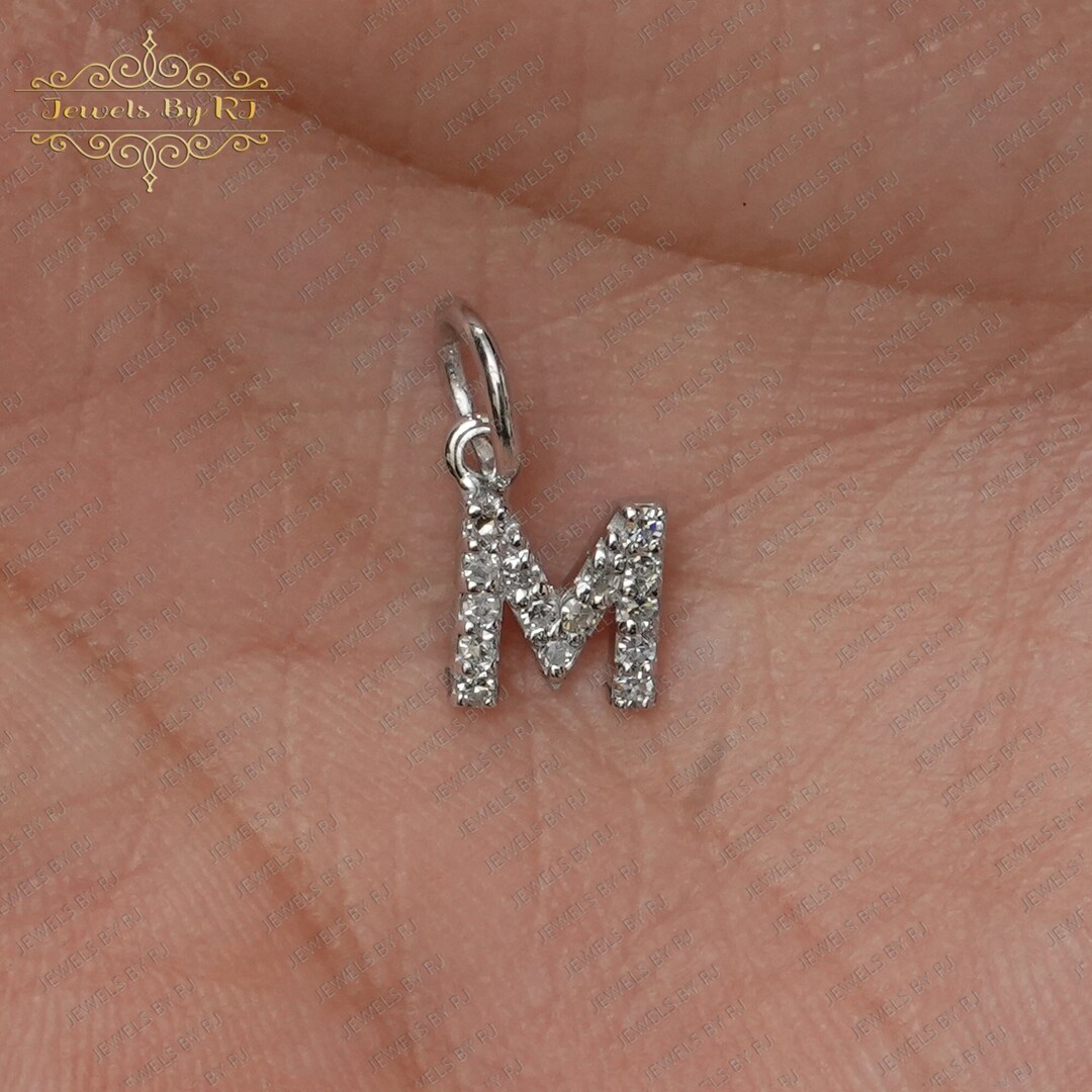 14K Solid White Gold Initial Charms, Diamond M Initials Charms, Pave ...