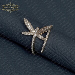 14k Solid Yellow Gold Diamond Dragonfly Ring, Gold Diamond Ring, Women ...