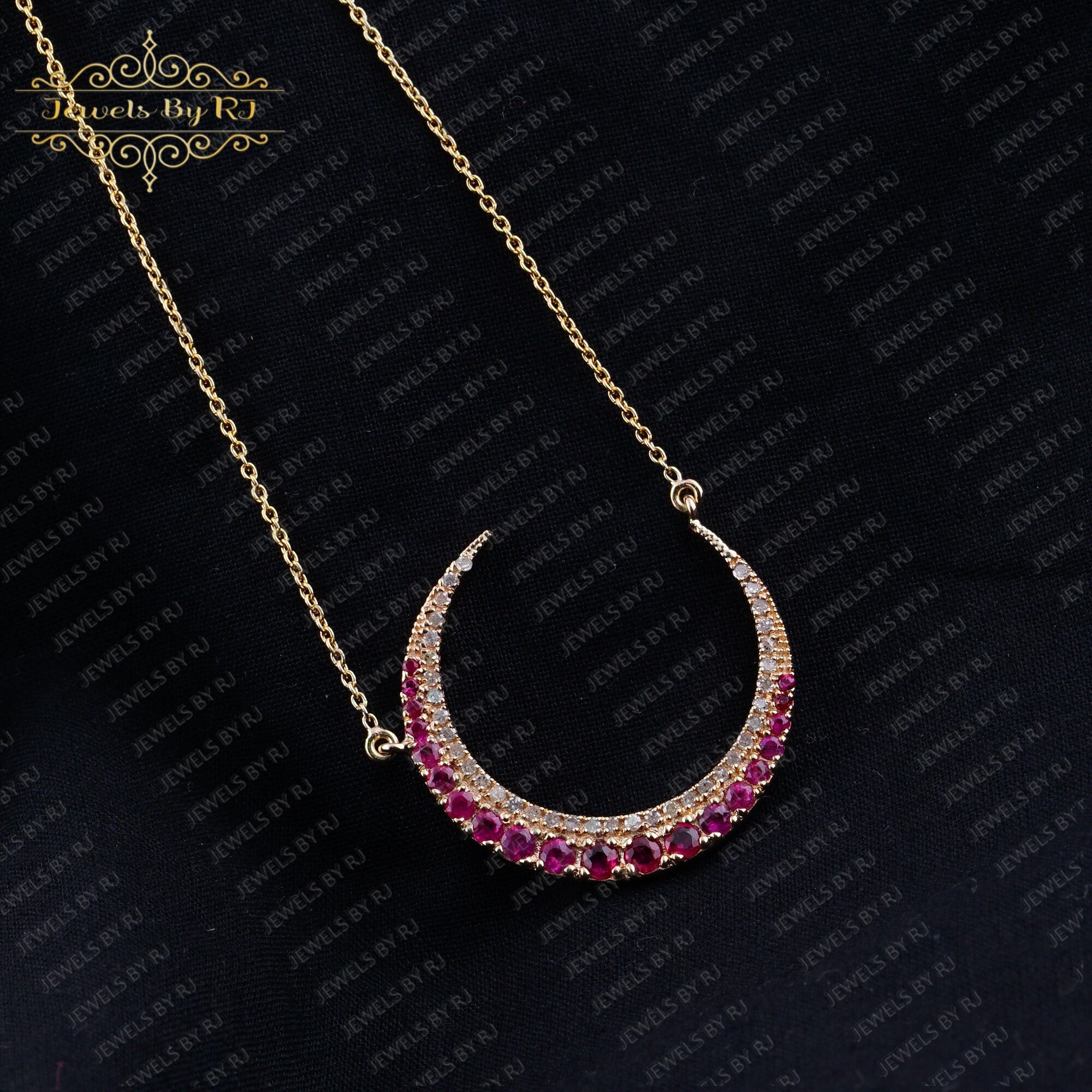 14K Solid Gold Diamond & Ruby and Emerald Crescent Moon - Etsy