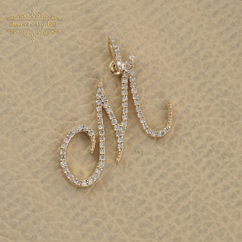 Pave Diamond Initial Pendant, 14K Solid Gold M Initial Pendant, Diamond ...