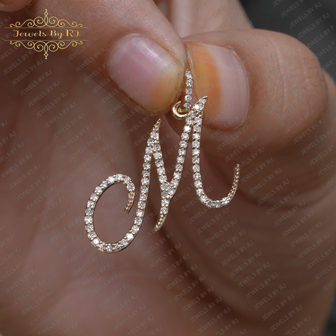 Pave Diamond Initial Pendant, 14K Solid Gold M Initial Pendant, Diamond ...