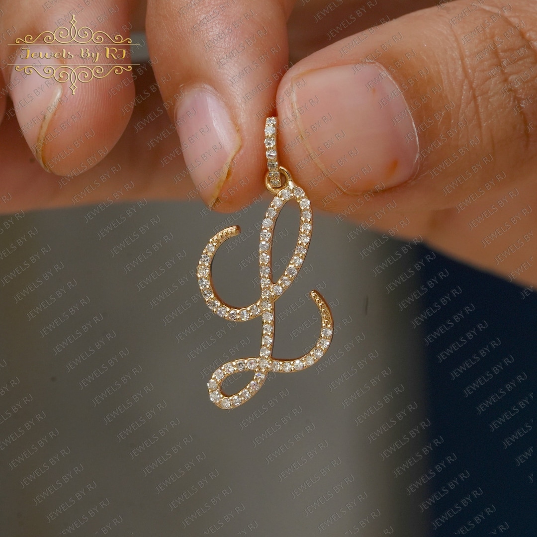 14K Solid Yellow Gold Diamond Initials, Diamond Cursive "l" Initials ...