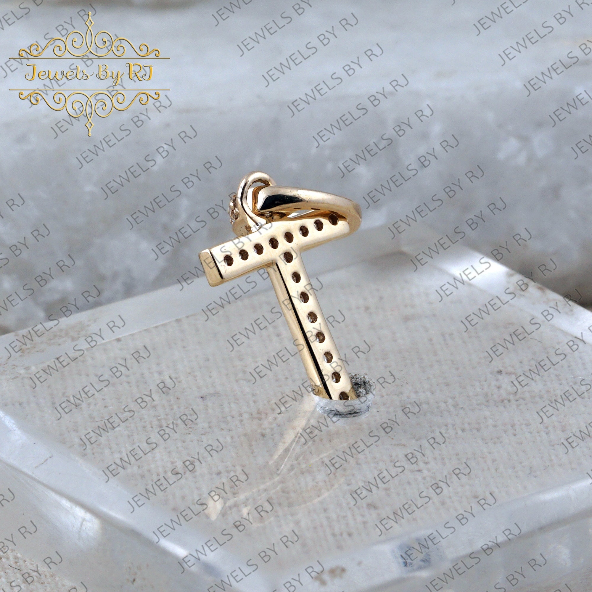 14k Solid Gold Diamond T Initial Pendant, Pave Diamond T Initial ...