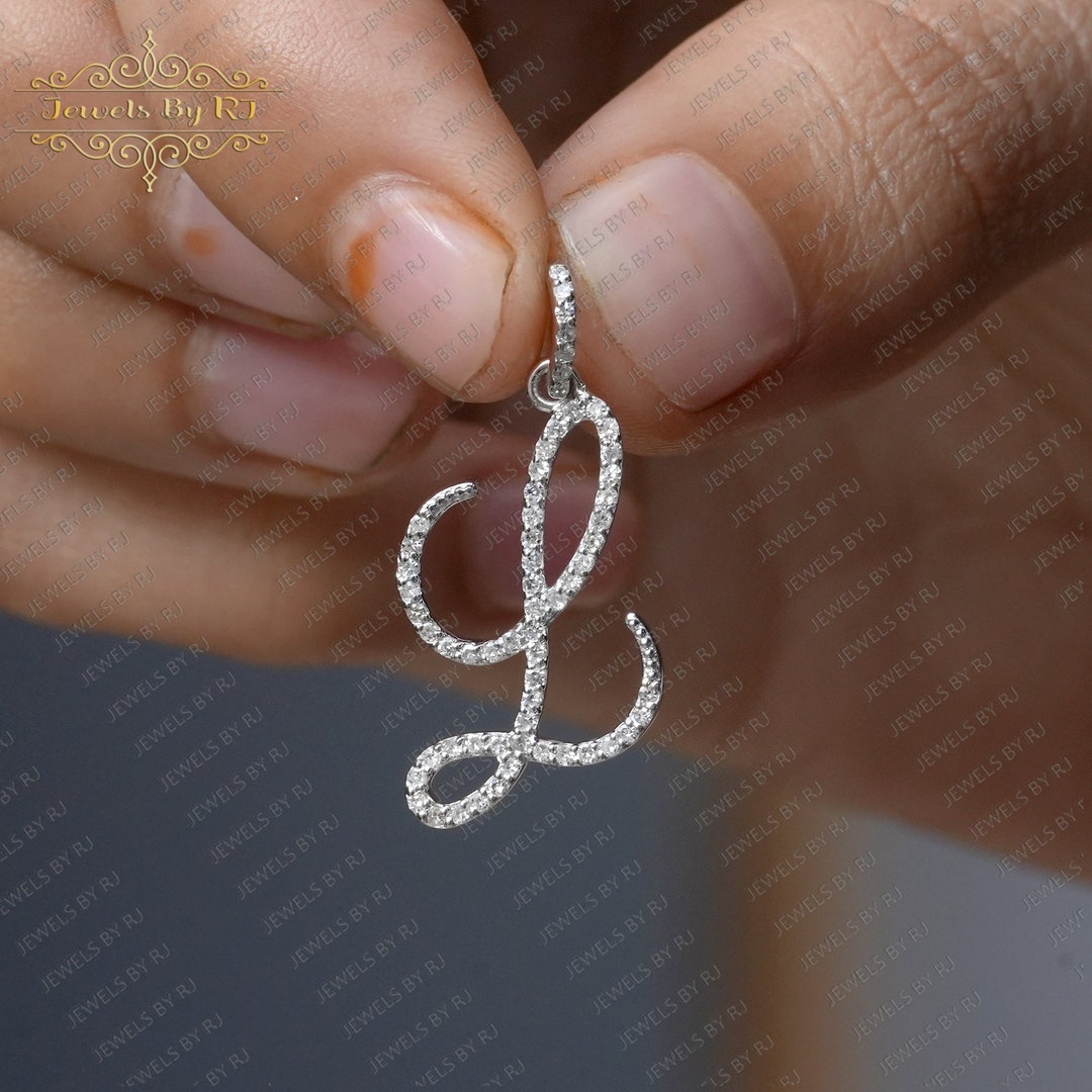 14K Solid White Gold Diamond Initials, Diamond Cursive "l" Initials ...