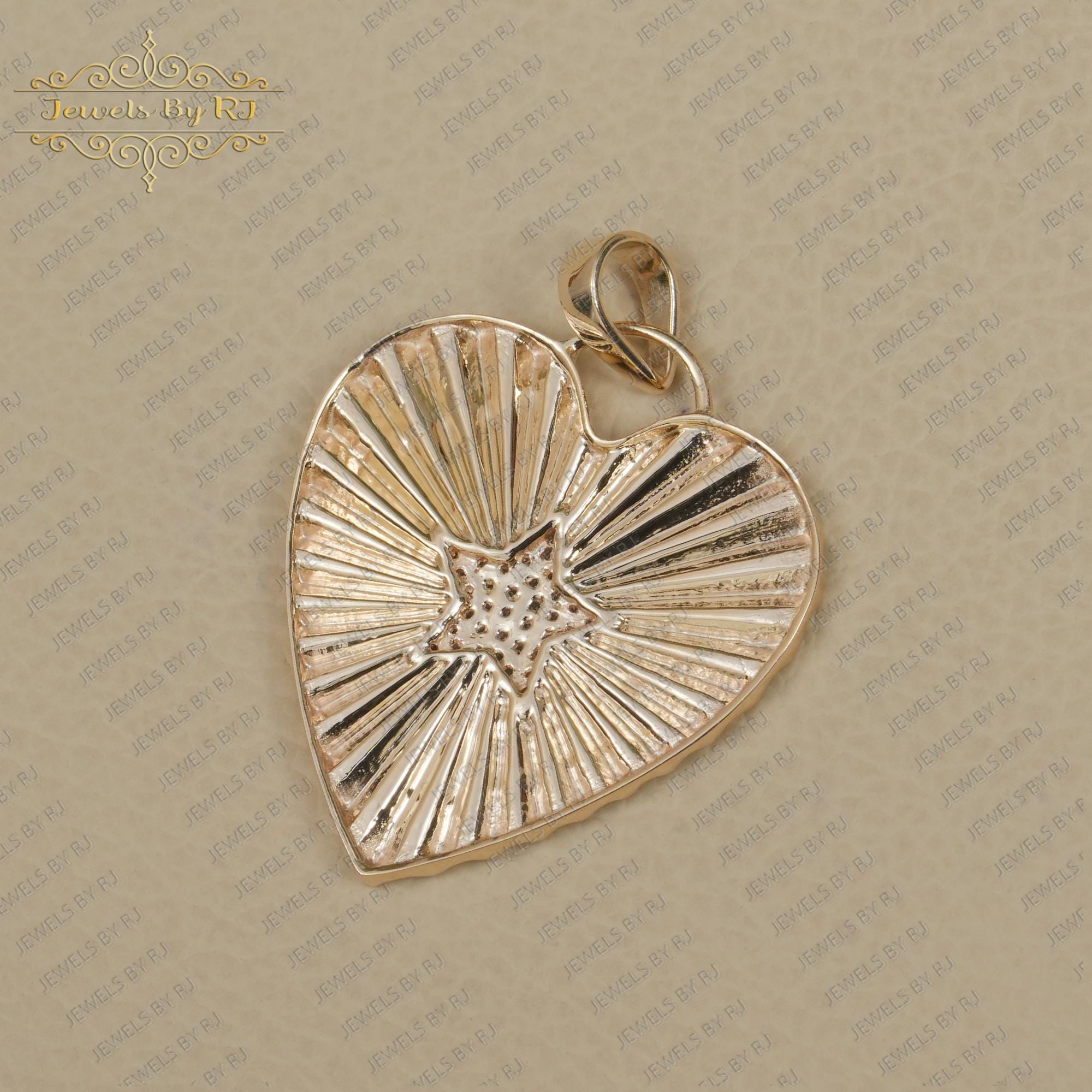 14K Solid Gold Radiant Heart Pendant With Diamond Star | Sunburst Heart ...