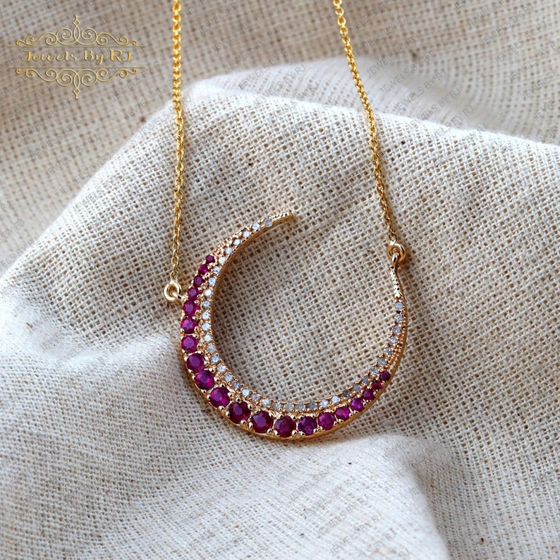 14K Solid Gold Diamond & Ruby and Emerald Crescent Moon - Etsy
